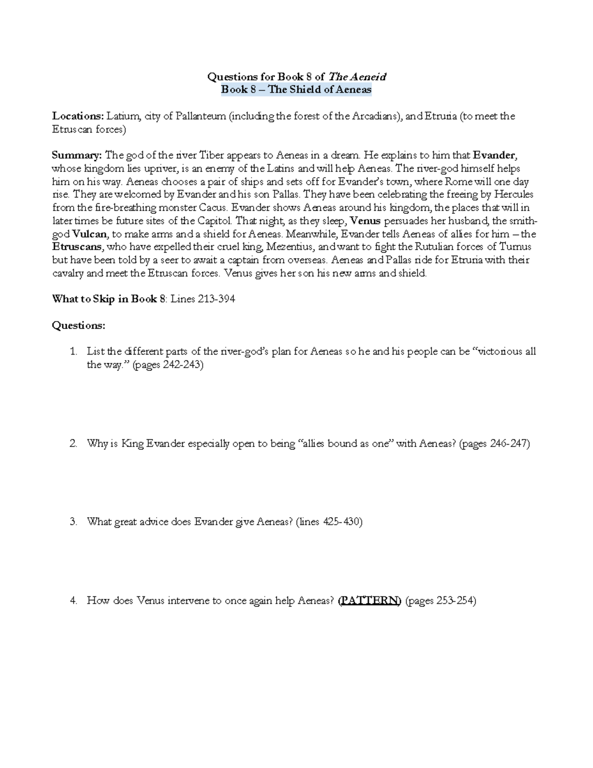 Book 8 Questions for The Aeneid: Aeneas' Journey & Allies - Studocu