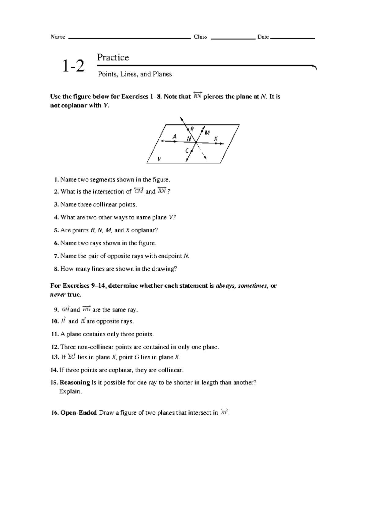 HW 1.2 - Geometry Honors: Practice Exercises on Points, Lines, and ...
