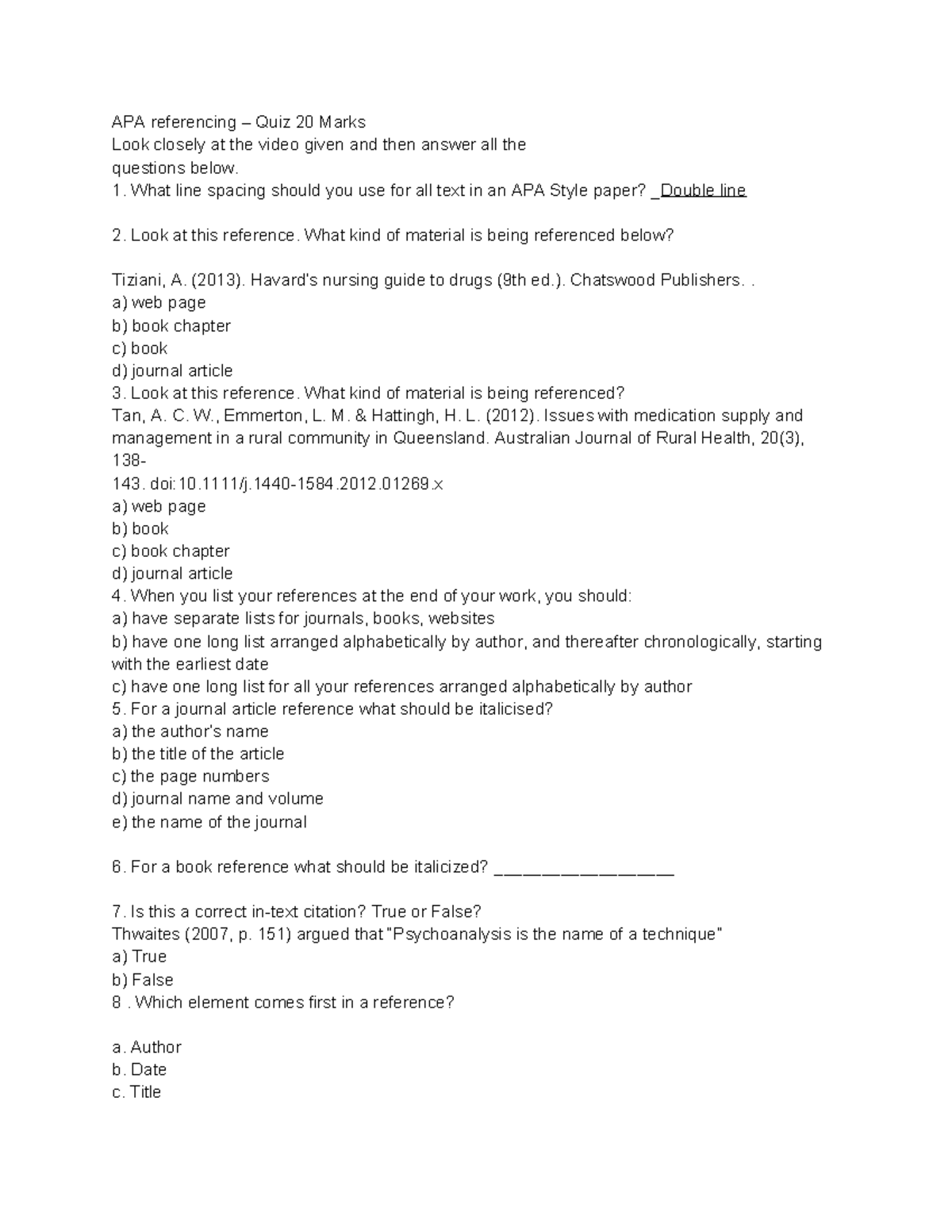APA Quiz: Referencing Essentials - 20 Marks - Studocu
