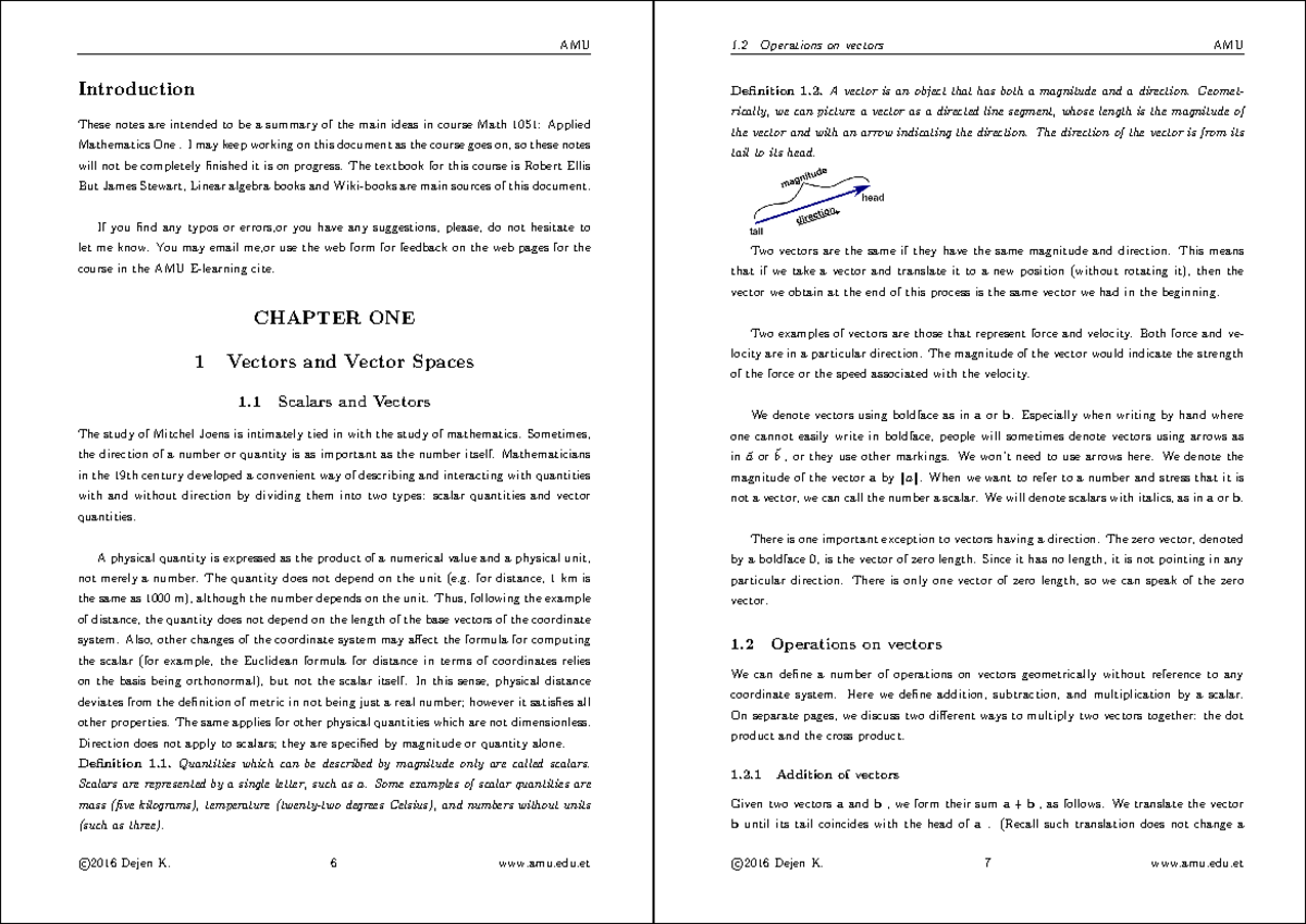 Applied Mathematics One (Math 1051) - Chapter 1: Vectors & Spaces - Studocu
