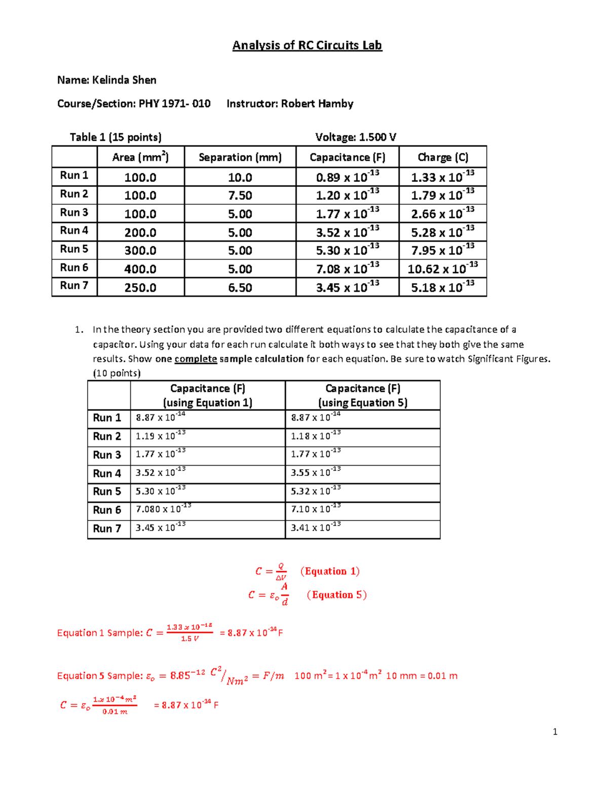 Fall22ENG PHY 1971 Capacitors Lab Report Analysis - Studocu