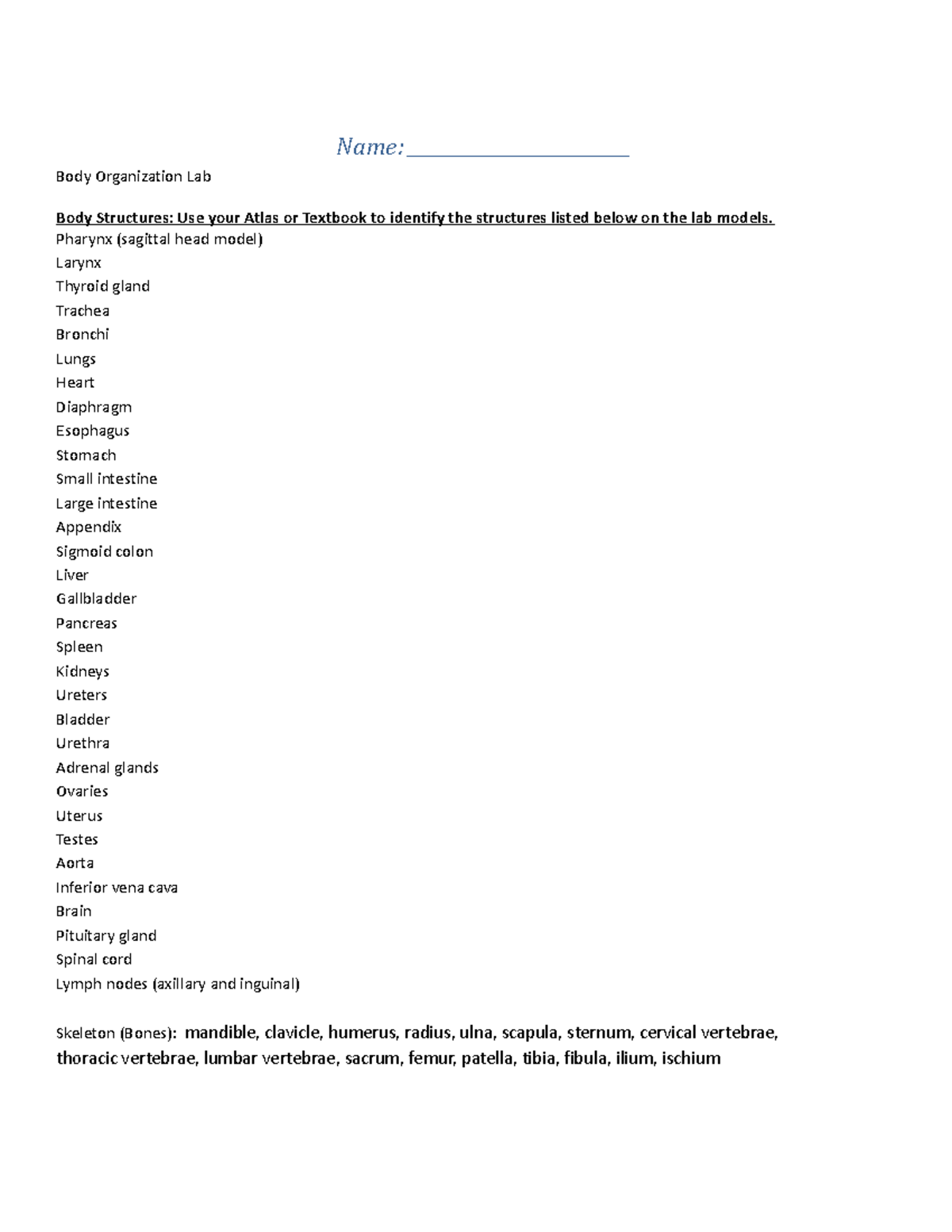 Body Organs and Regions - Name: ________________________ Body ...