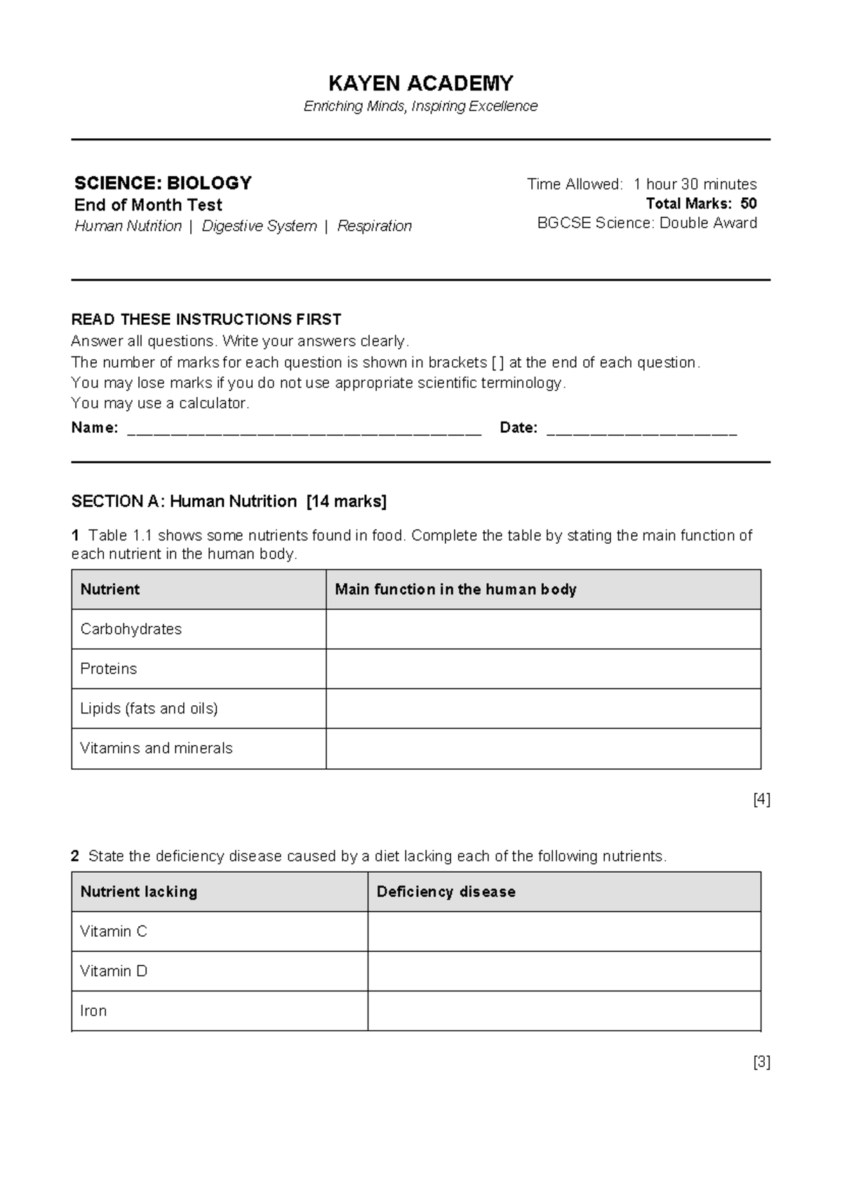 KAYEN ACADEMY BGCSE Biology End of Month Test: Nutrition & Respiration ...