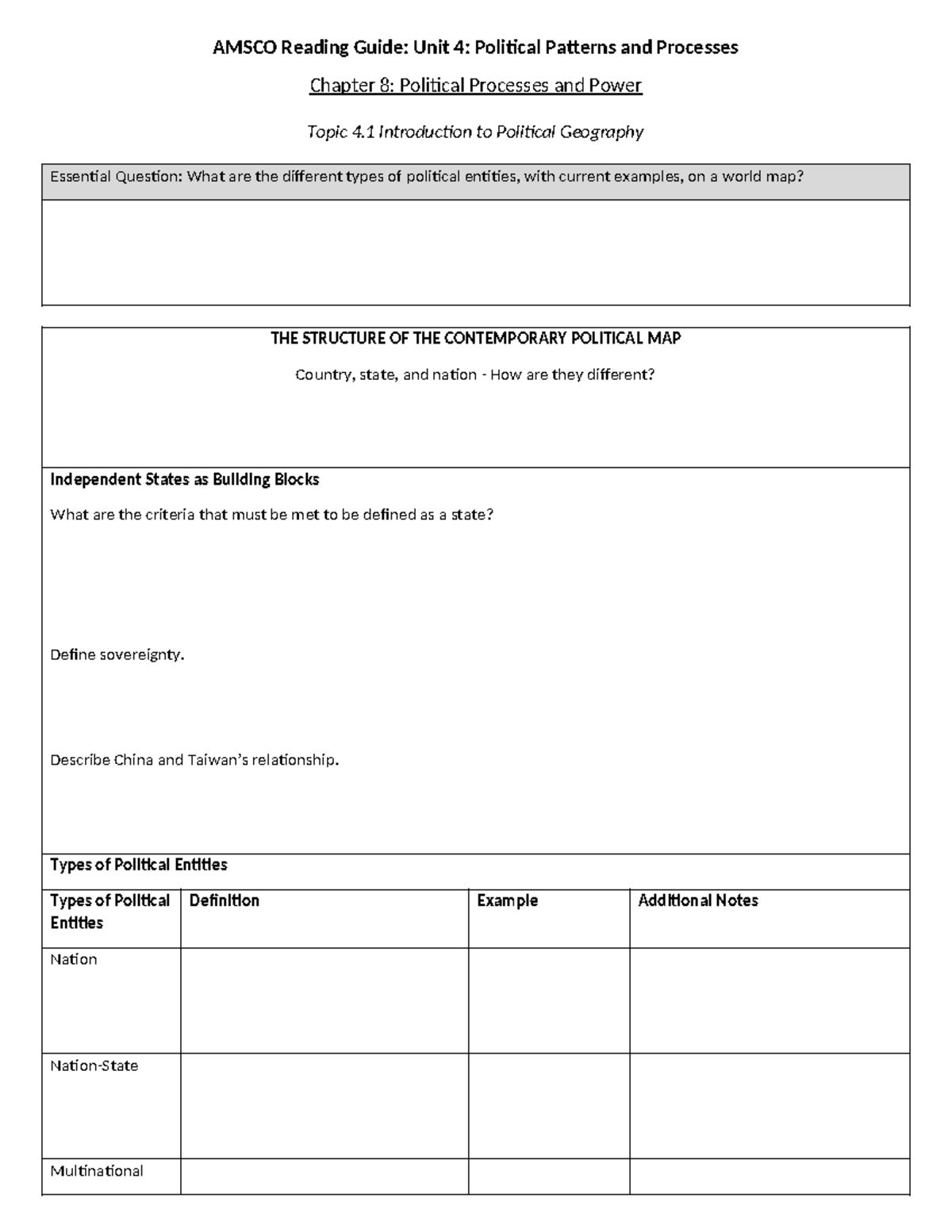 AMSCO Reading Guide: Unit 4 - Political Patterns & Processes - Studocu