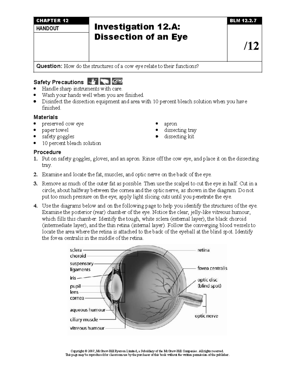 Mc Graw EYE Dissection February 2024 - CHAPTER 12 Investigation 12: Dissection of an Eye BLM 12 ...