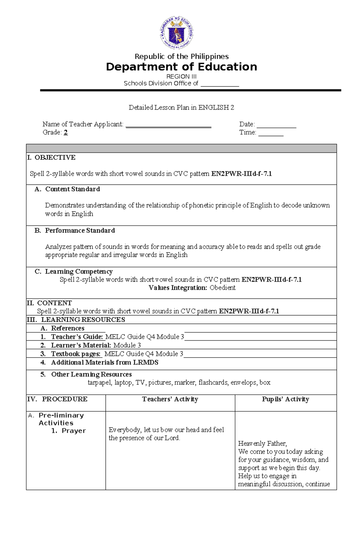 Detailed Lesson Plan (DLP) for 2-Syllable Words in English 2 - Studocu