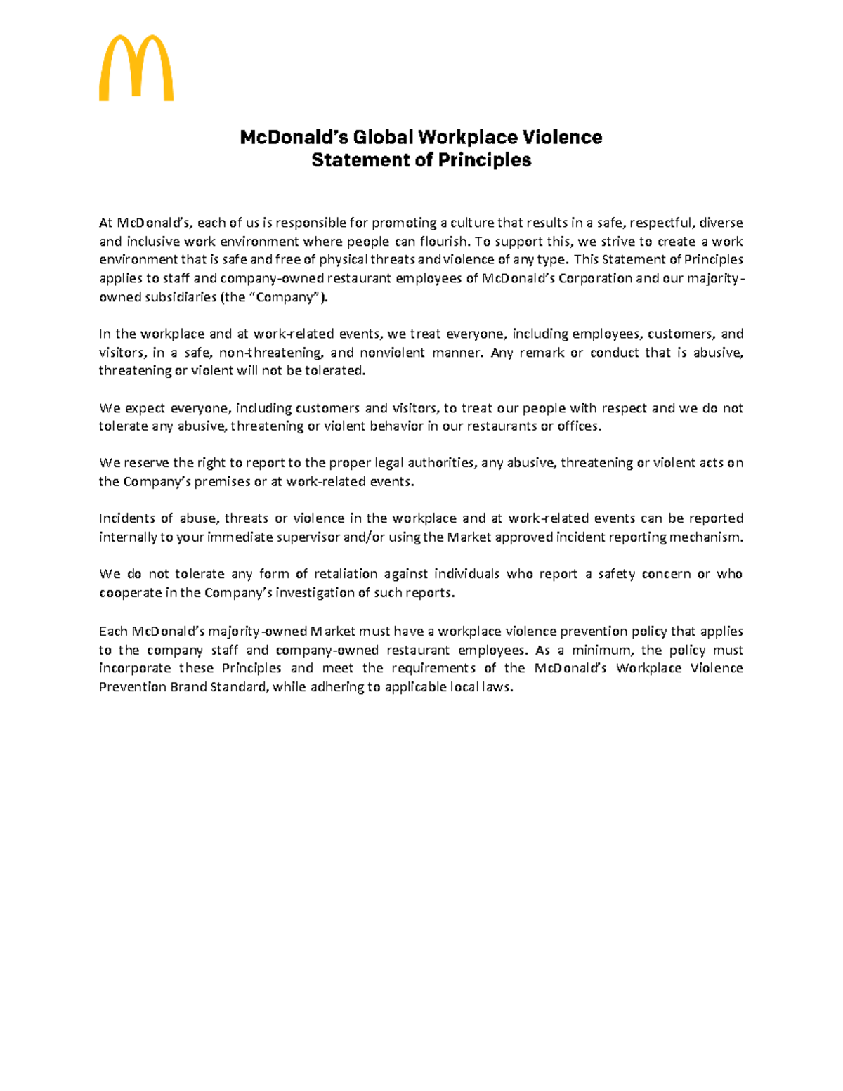 Global WVP Statement: Final Submission for McDonald's Policy - Studocu