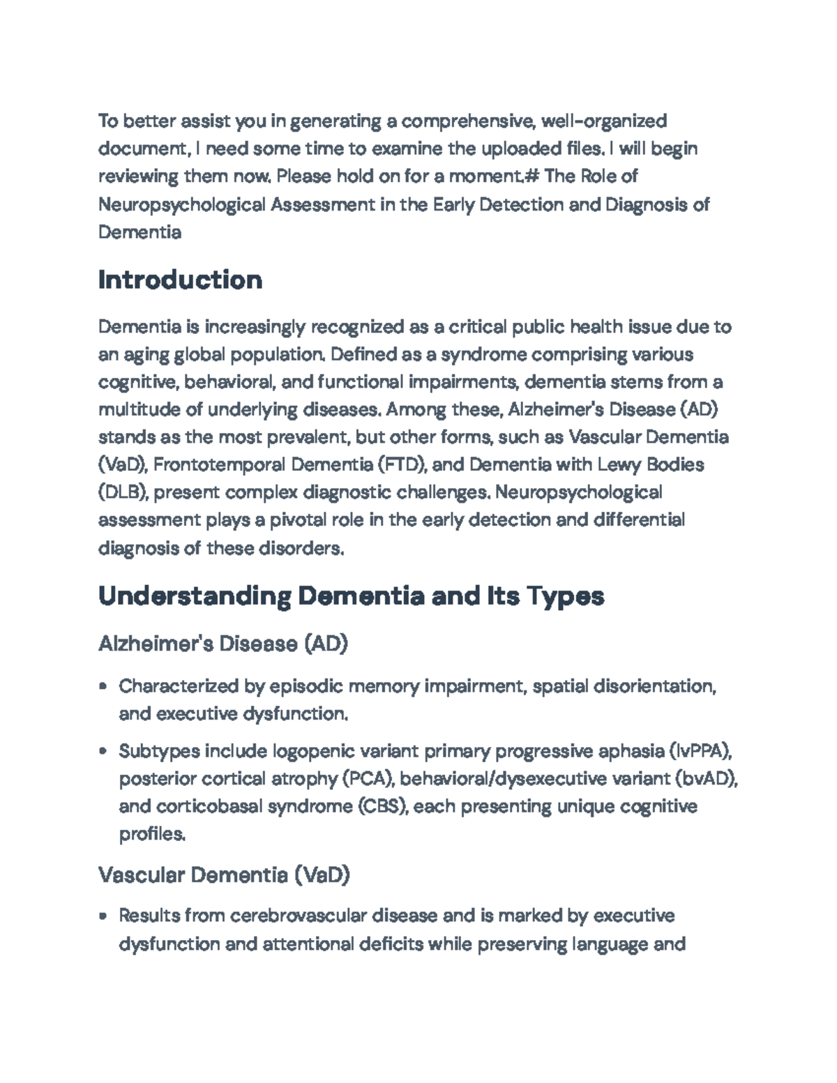 The Role of Neuropsychological Assessment in Early Dementia Diagnosis - To better assist you in ...