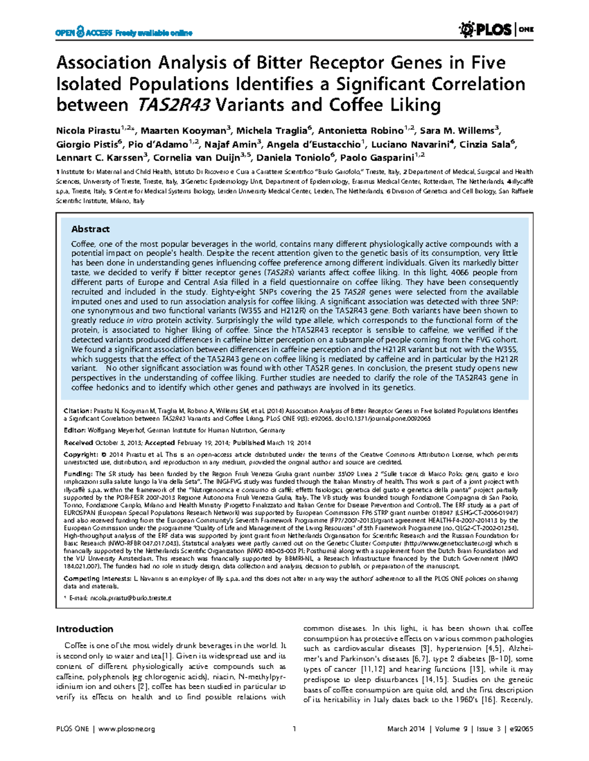 Association of TAS2R43 Variants with Coffee Liking in Isolated ...