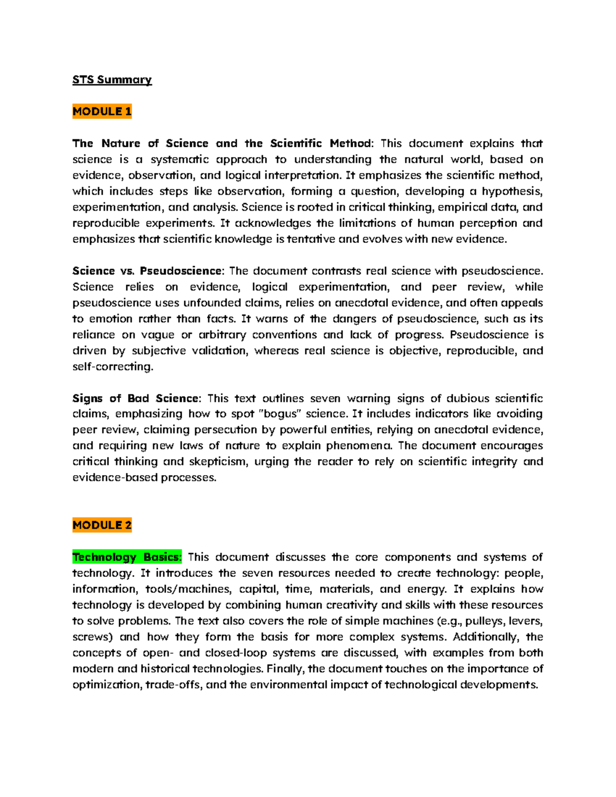 STS - Summary of Science, Technology, and Society Concepts - Studocu