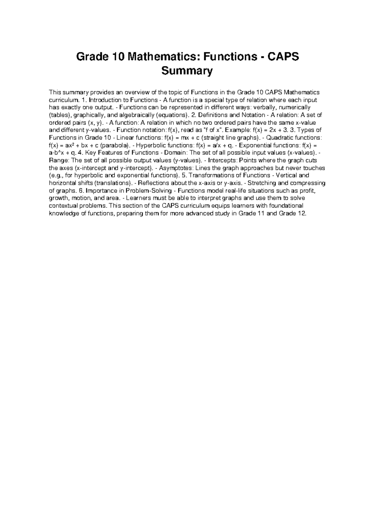 Grade 10 Mathematics: Functions CAPS Overview and Key Concepts - Studocu