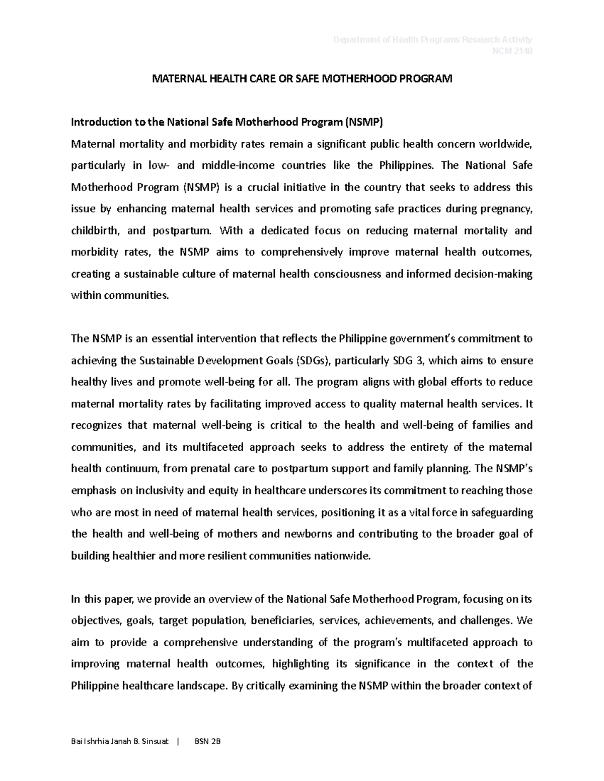 National Safe Motherhood Programs Overview (NCM 2140) - Studocu
