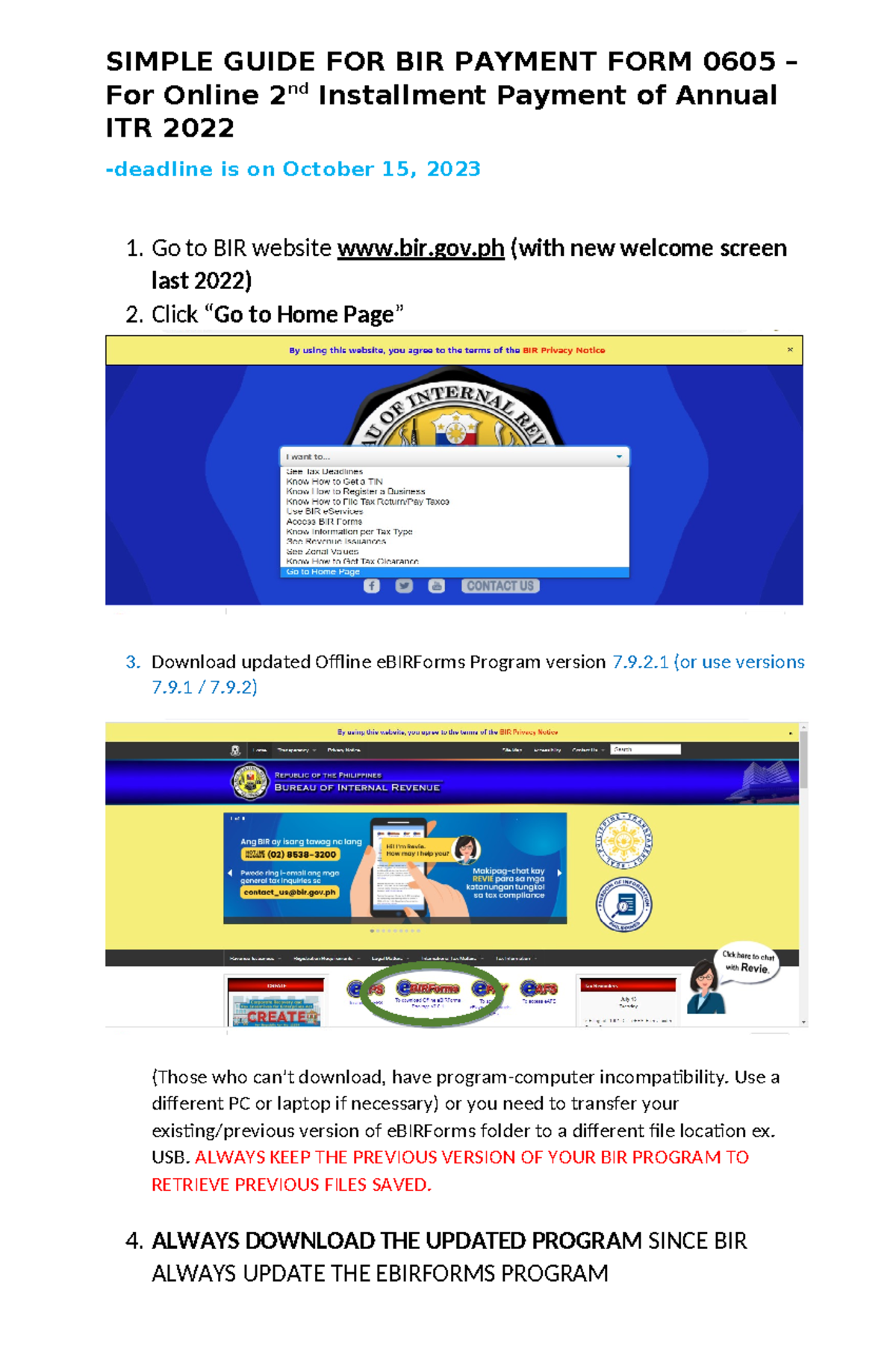 Simple Guide for BIR Form 0605 - Online Annual ITR 2nd Payment - Studocu