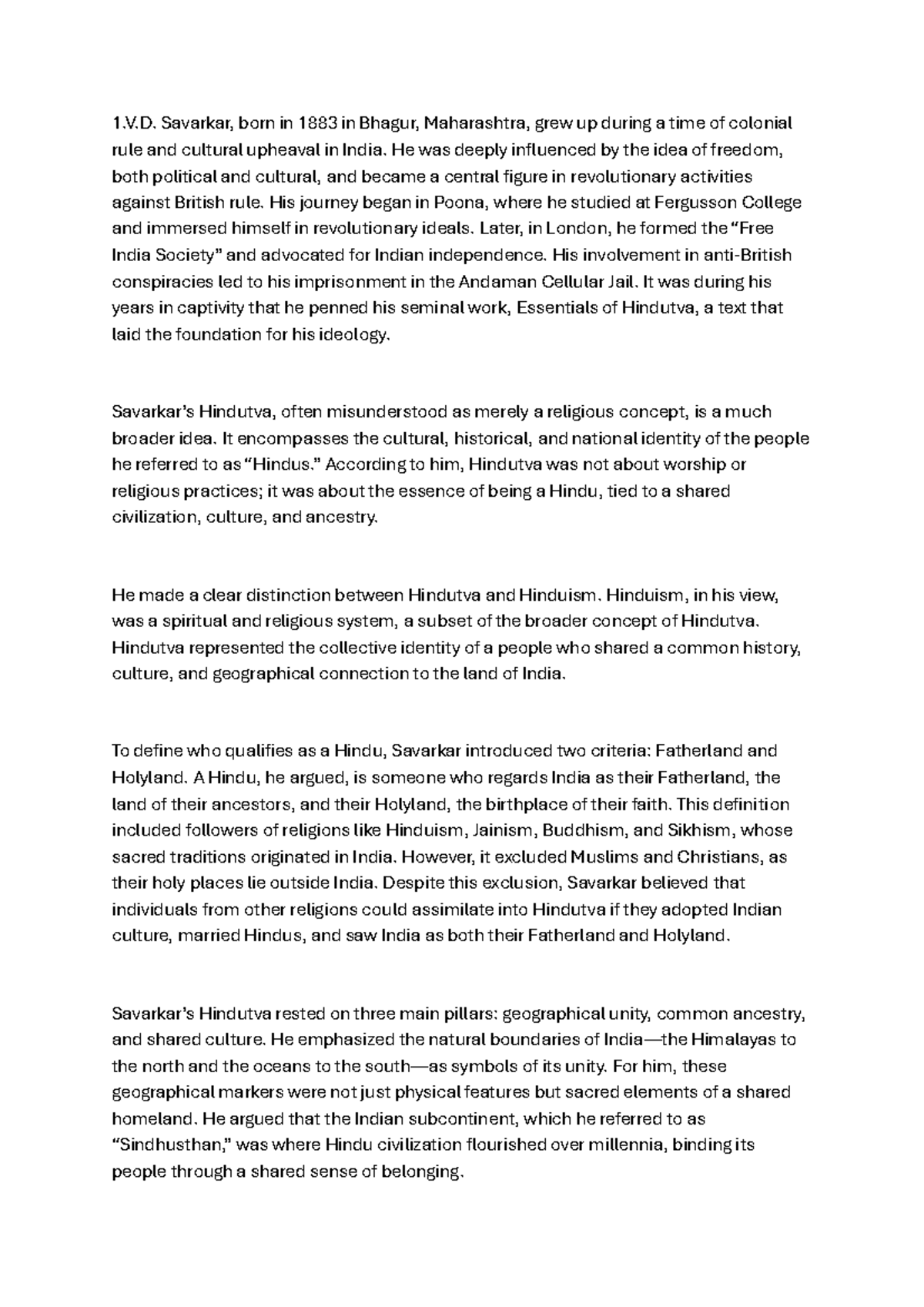 Document (2) - Notes for exam - 1.V. Savarkar, born in 1883 in Bhagur ...