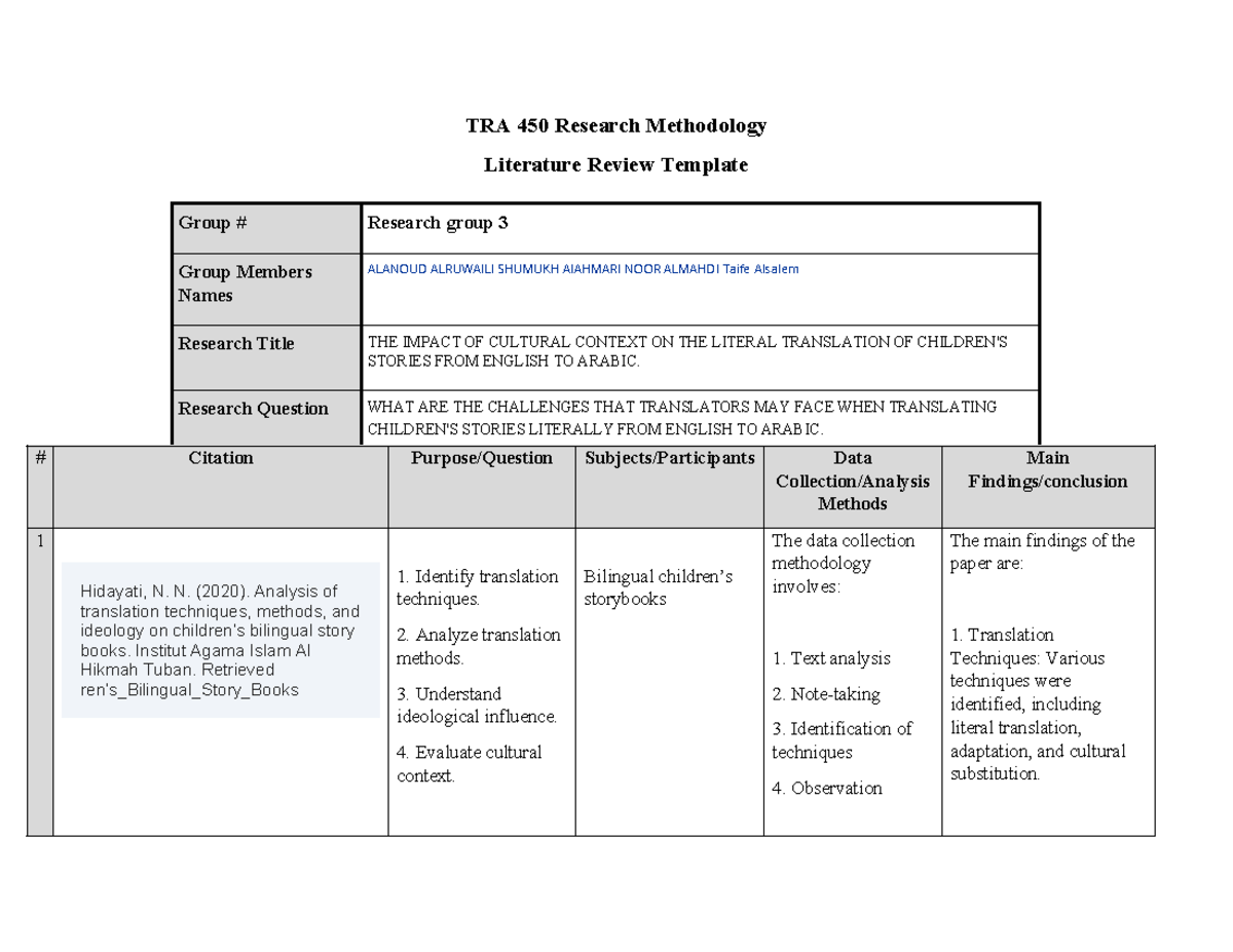 TRA 450 Literature Review Template: Cultural Context in Children's ...