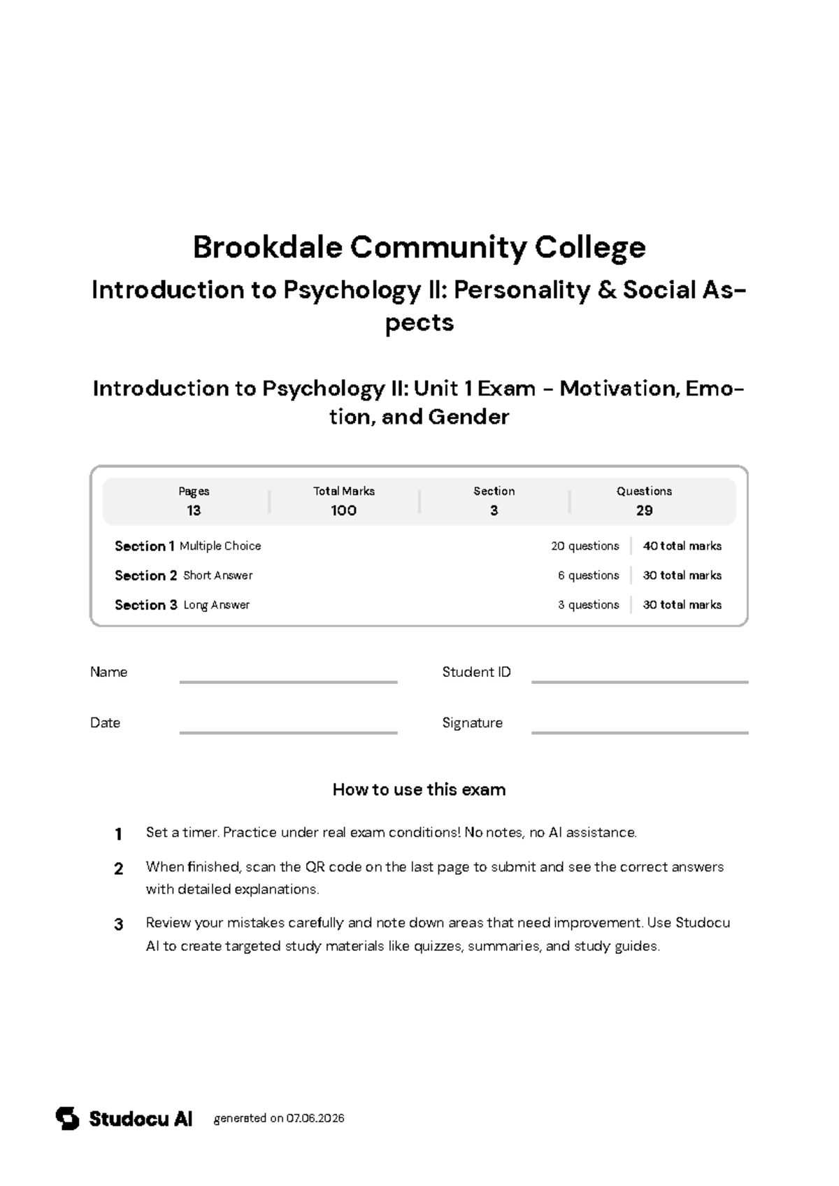 Introduction to Psychology II: Unit 1 Exam - Motivation, Emotion, and ...
