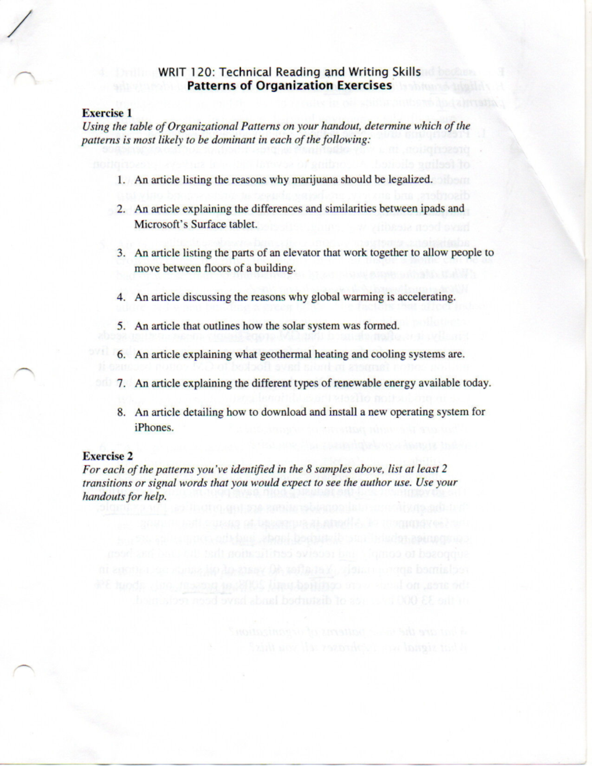 WRIT 120: Patterns of Organization Exercises and Analysis - Studocu