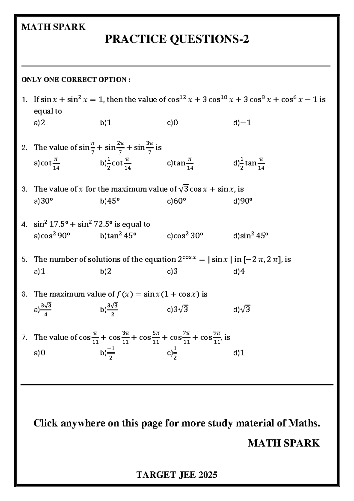 Daily Practice Questions-2 Target JEE'025 - MATH SPARK TARGET JEE 2025 ...