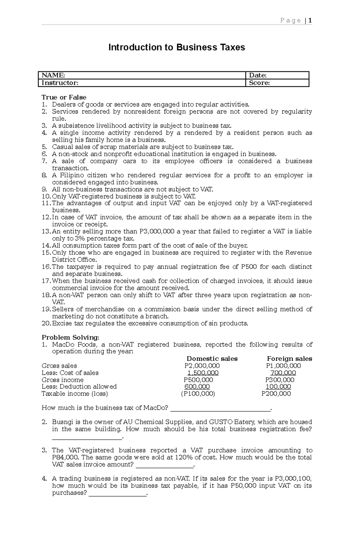 Introduction to Business Taxes - P a g e | 1 Introduction to Business ...