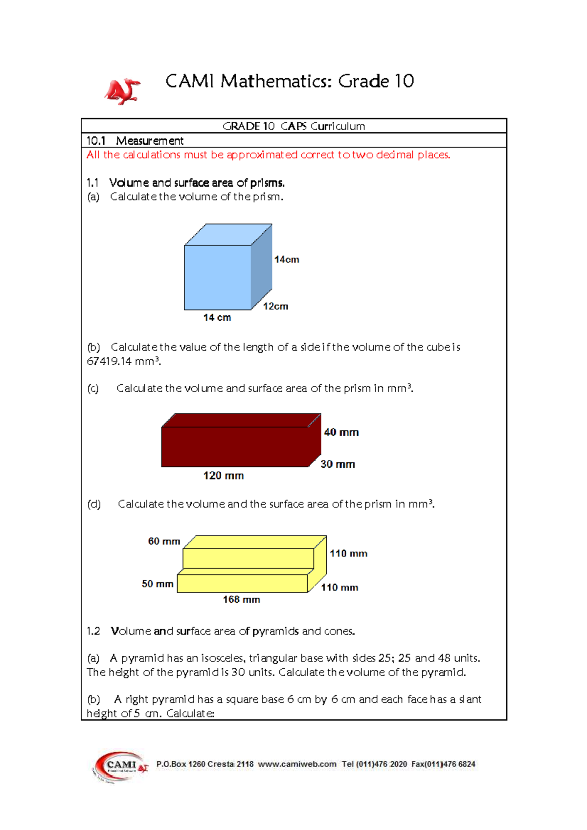 Grade 10 Math: Volume and Surface Area of Solids - Studocu