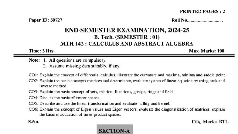 B. Tech. MTH 142: ESE Practice Paper for Calculus & Algebra - Studocu