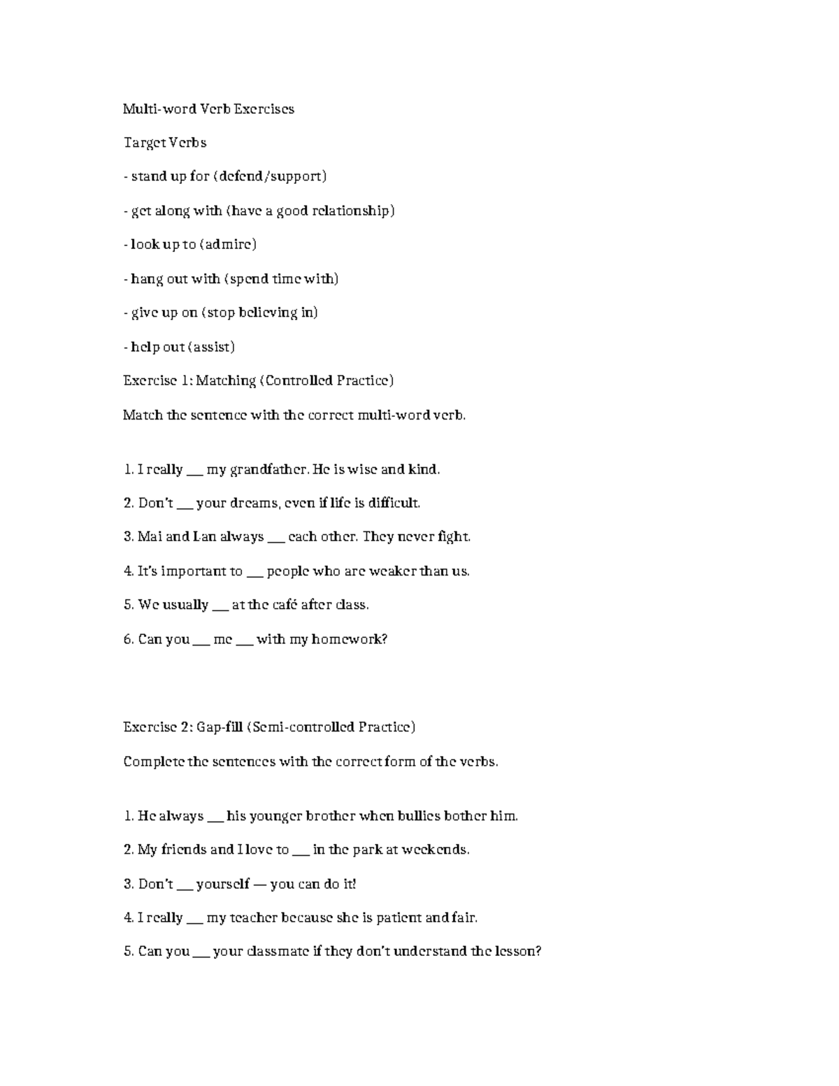 Multiword Verb Exercises: Target Verbs Practice - Studocu