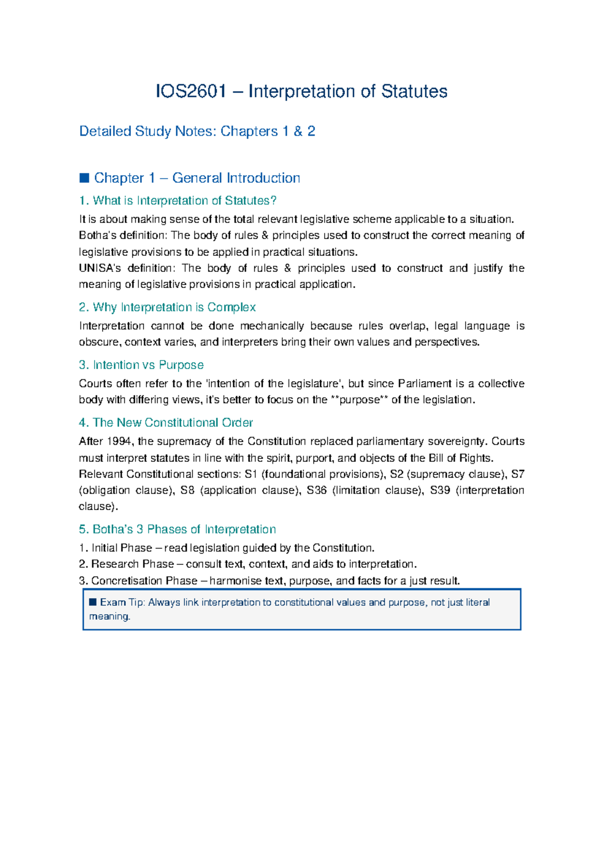 IOS2601 Interpretation of Statutes Study Notes: Chapters 1 & 2 - Studocu