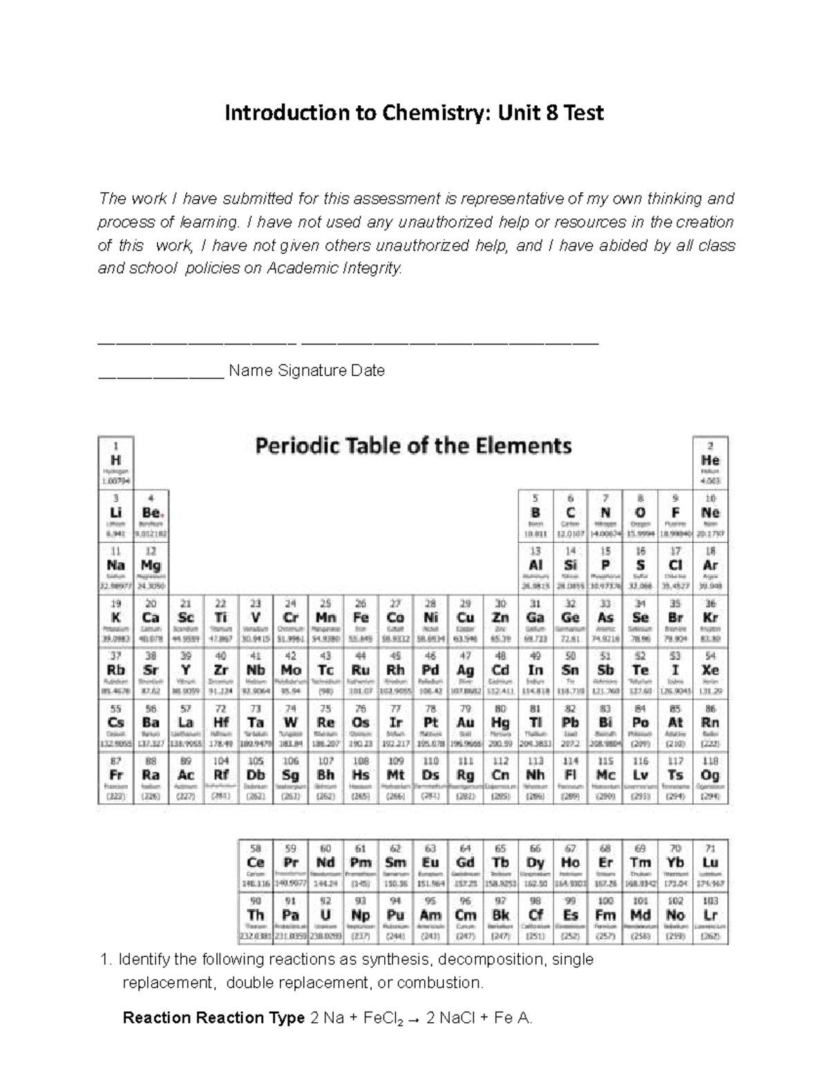 Unit 8 Test - Honors Chemistry: Practice Test & Reactions Analysis ...