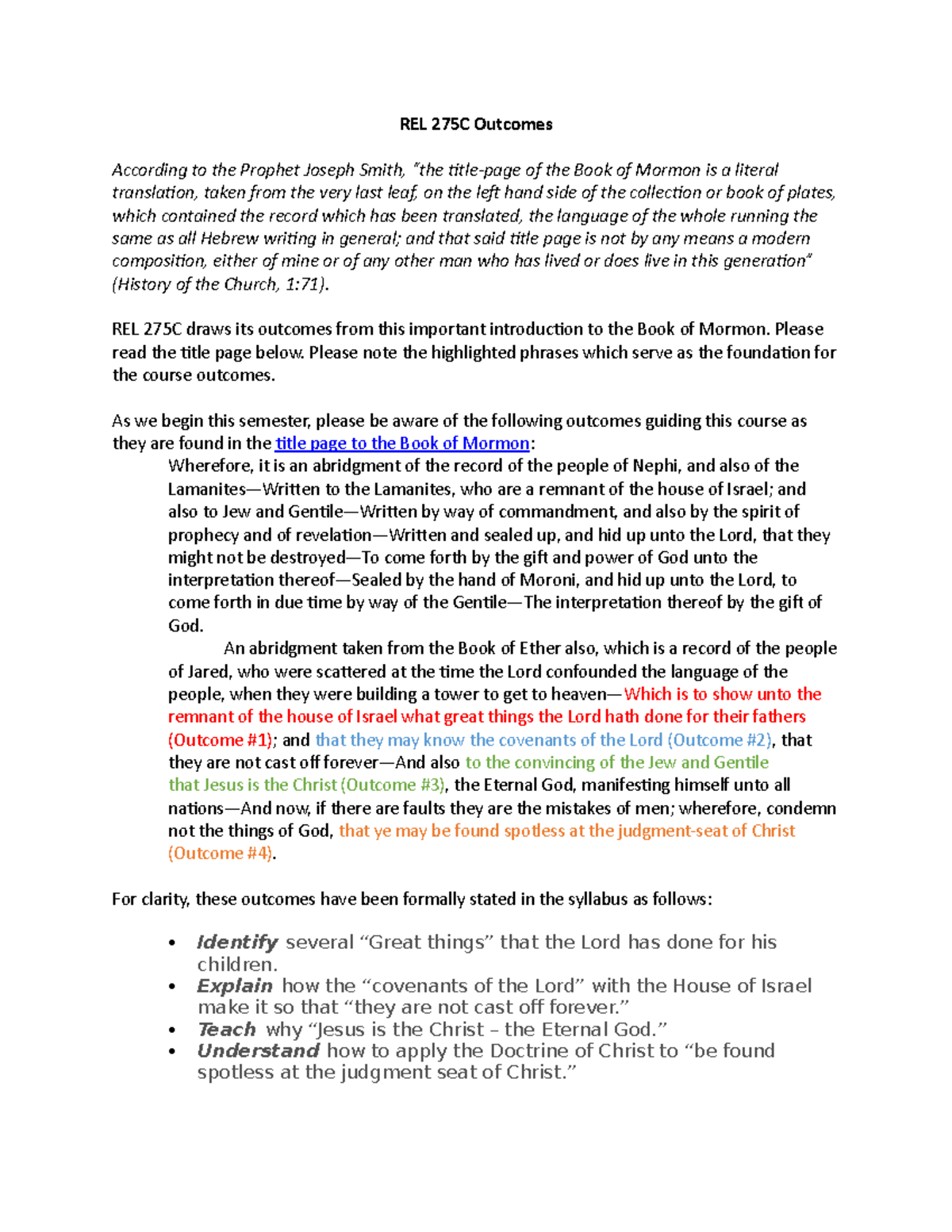 REL275C W01 Outcomes - REL 225 - REL 275C Outcomes According to the ...