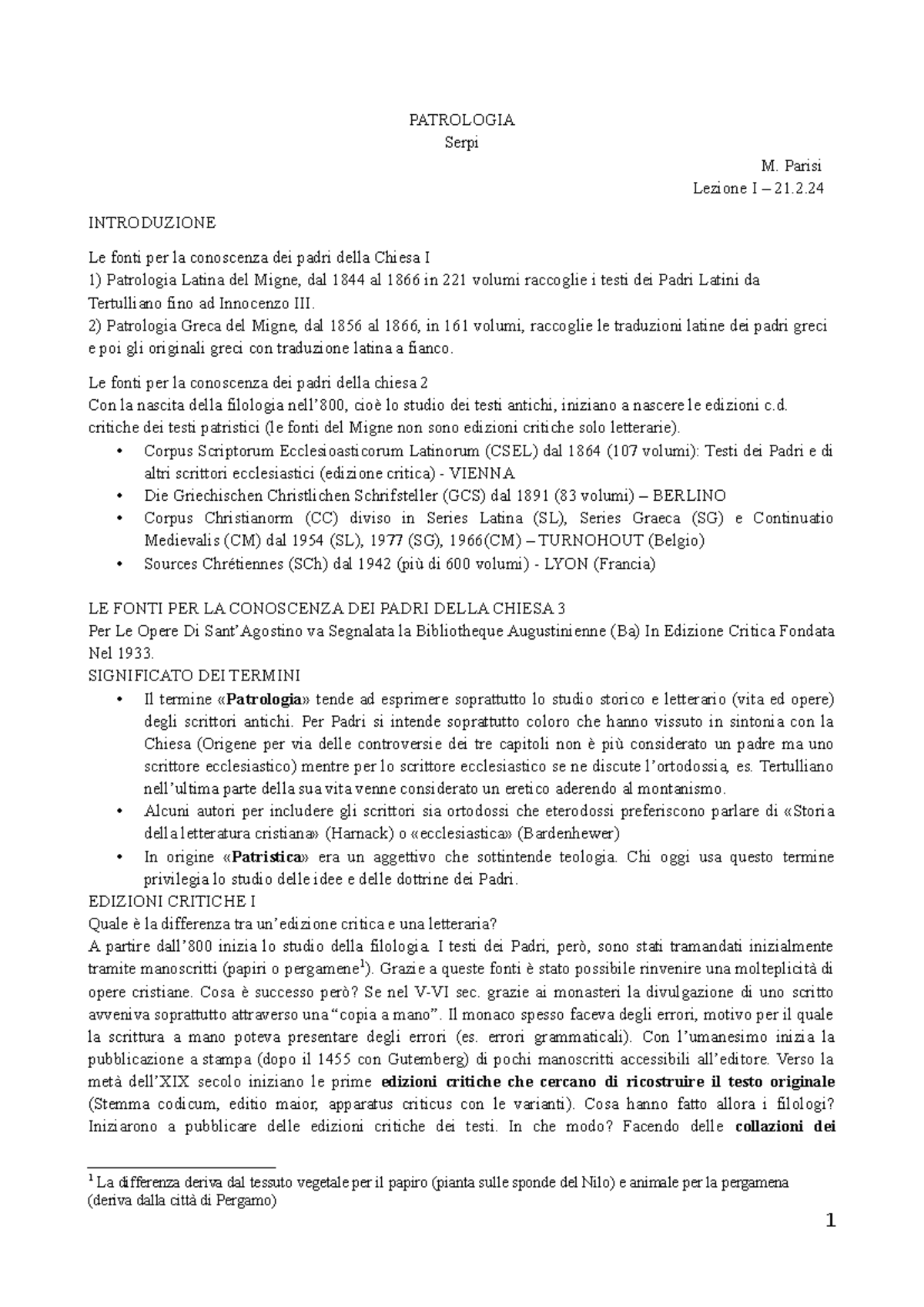 Patrologia - reyser - PATROLOGIA Serpi M. Parisi Lezione I – 21 ...