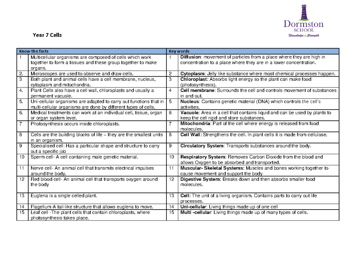 Science Year 7 Biology Autumn 1: Cells Overview and Key Facts - Studocu