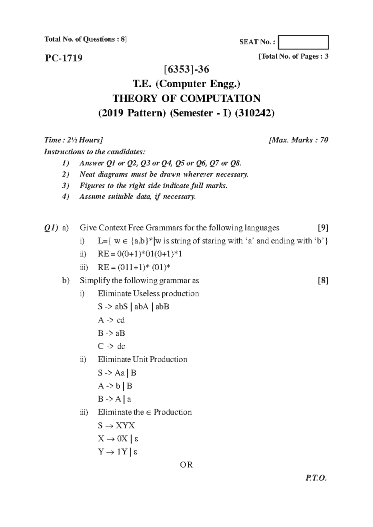 Theory of Computation (310242) - T.E. Computer Engg. Exam Paper 2019 - Studocu