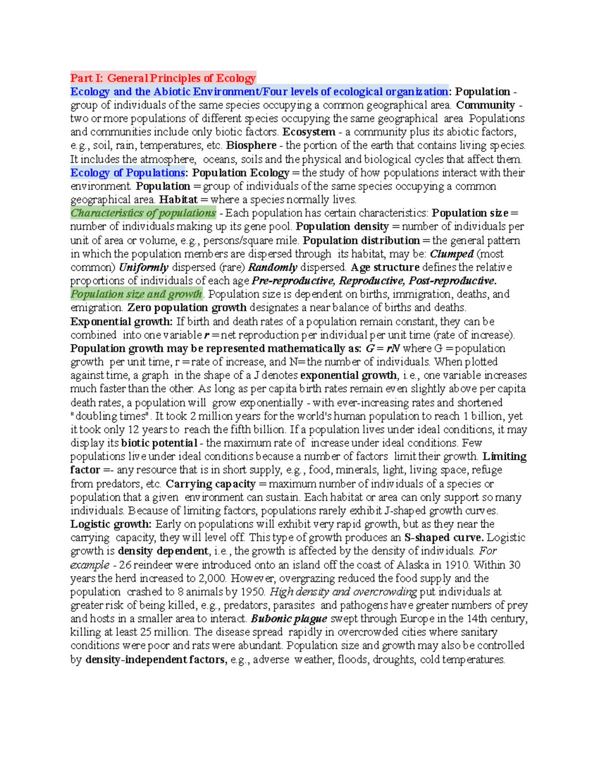 Ecoysystem Notes - Part I: General Principles of Ecology Ecology and ...