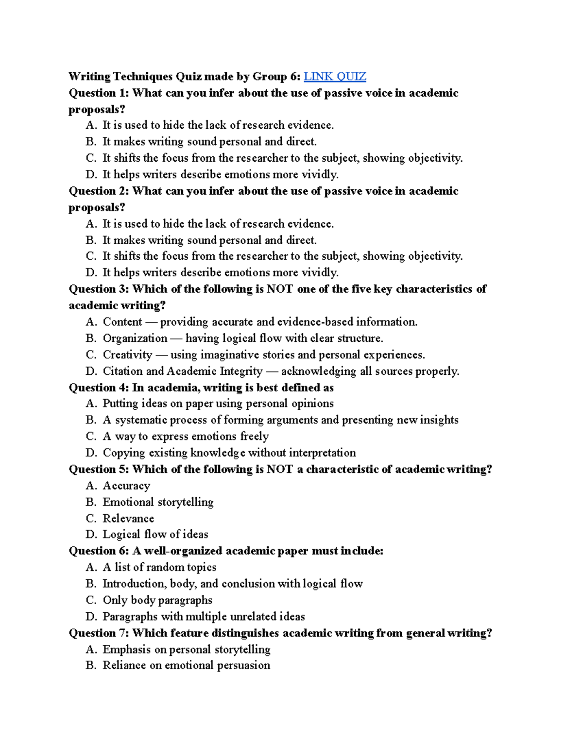 Writing Techniques Quiz (Group 6) - Key Concepts & Insights - Studocu