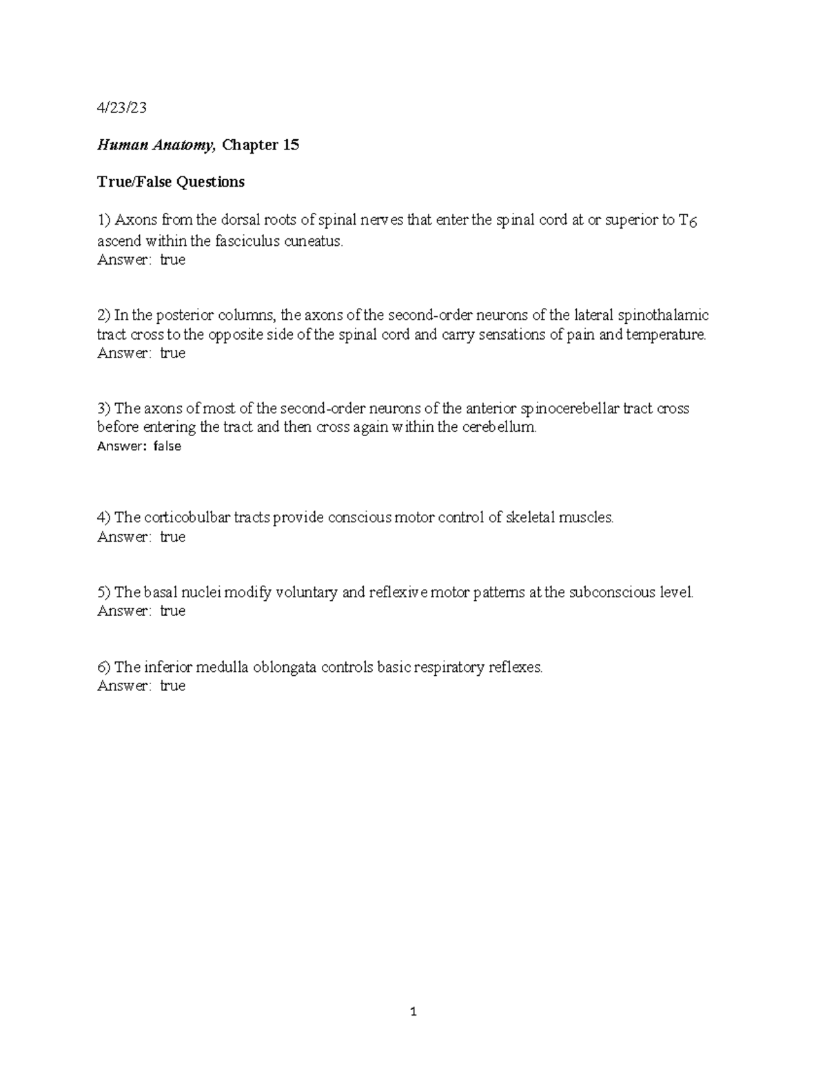 Anatomy Chapter 15 Review: True/False & Essay Questions - Studocu