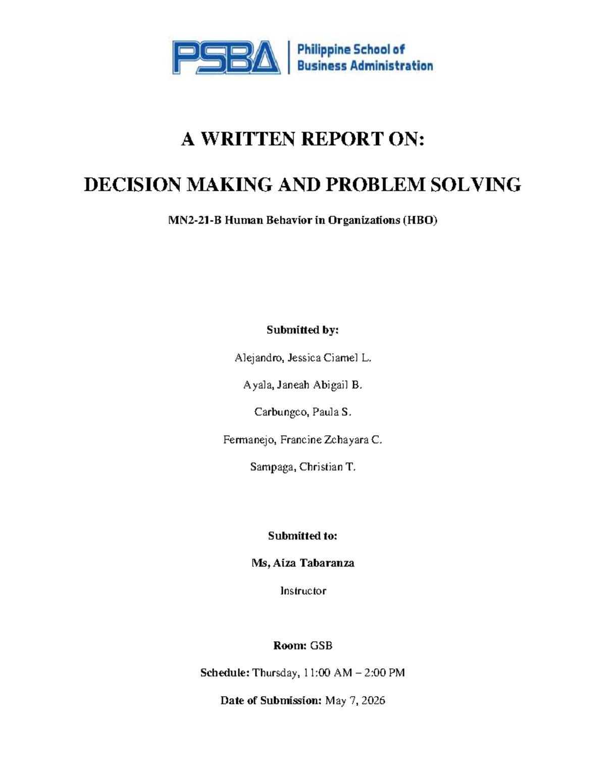 HBO Written Report: Decision Making & Problem Solving Insights - Studocu