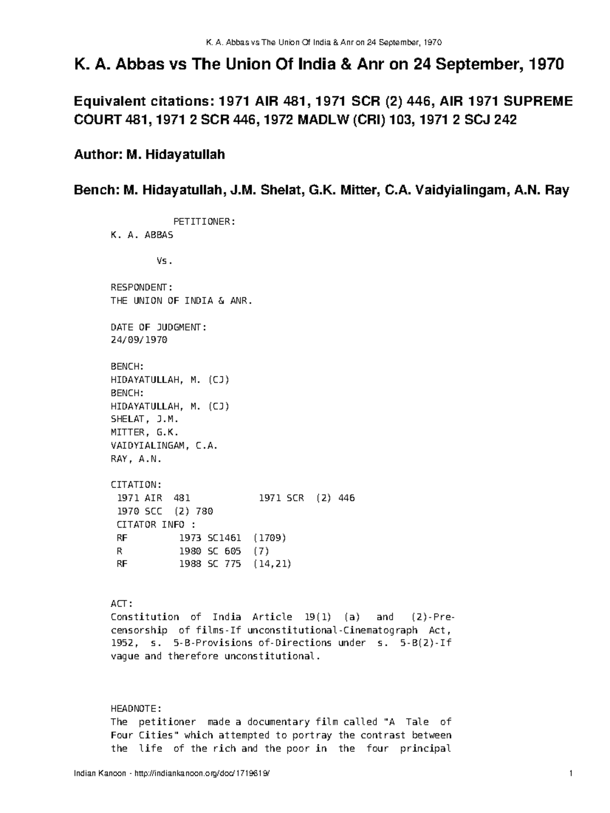 K. A. Abbas vs The Union Of India: Supreme Court Judgment Analysis ...