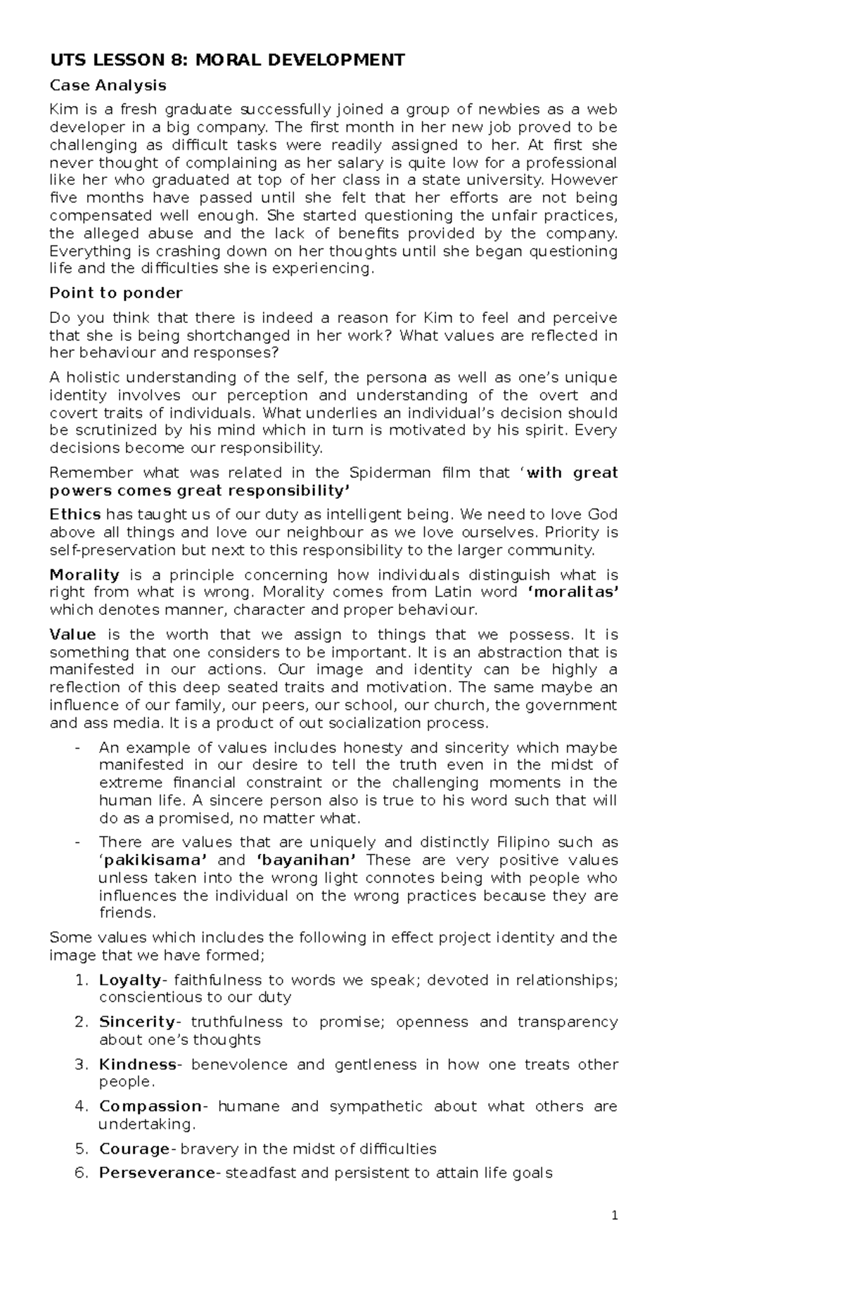 UTS LESSON 8: MORAL DEVELOPMENT;UTS LESSON 9: THE DIGITAL SELF;UTS ...