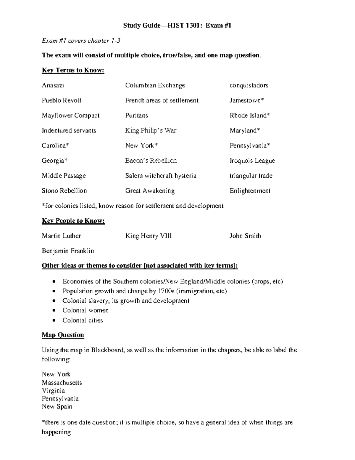Study Guide for HIST 1301: Exam #1 (Chapters 1-3) - Studocu