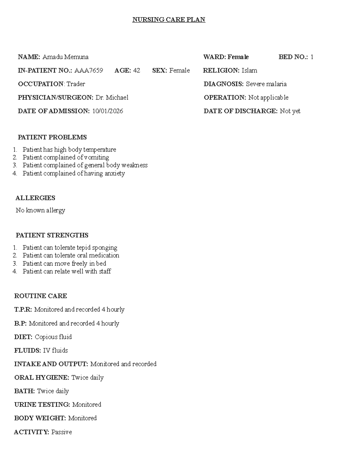 NURS 101: Nursing Care Plan for Severe Malaria Management - Studocu