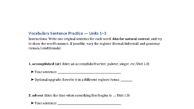 Vocabulary Sentence Practice: Units 1-3 Instructions - Studocu