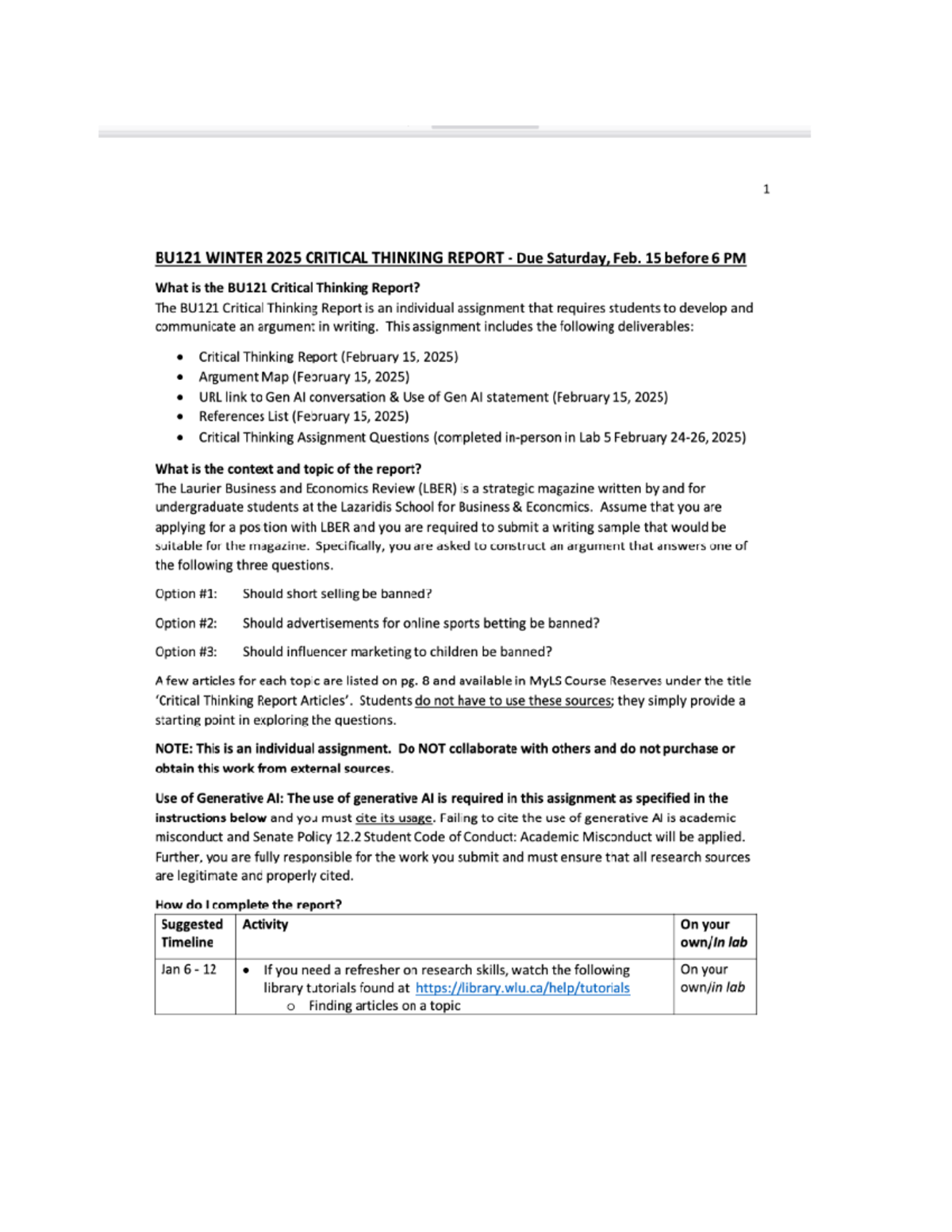 Bu121 Report Outline - 1 BU121 WINTER 2025 CRITICAL THINKING REPORT Due ...
