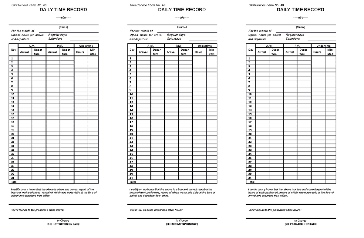 Civil Service DTR Form (Long) - Civil Service Form No. 48 DAILY TIME ...