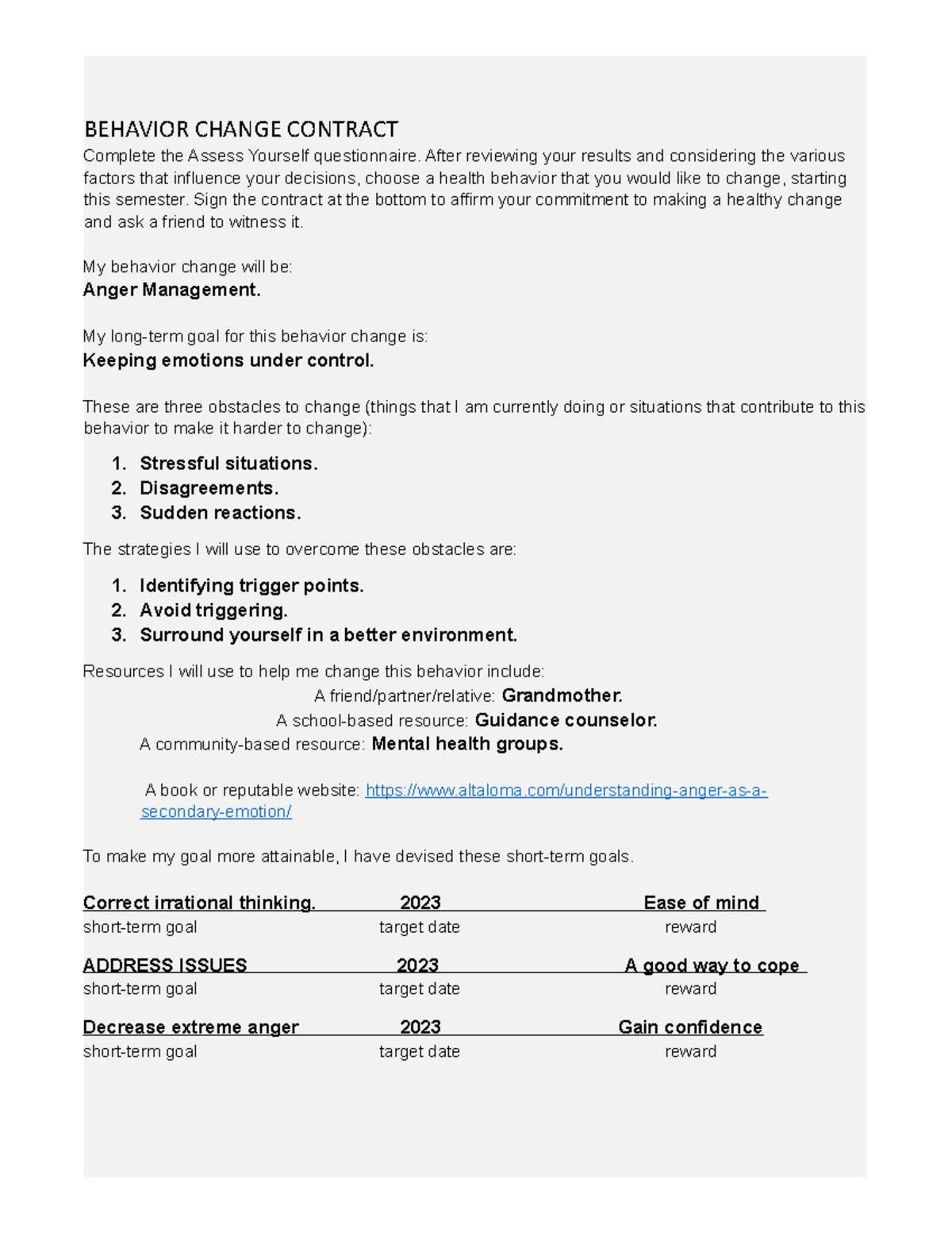 Behavior Change CONTRACT - BEHAVIOR CHANGE CONTRACT Complete the Assess ...