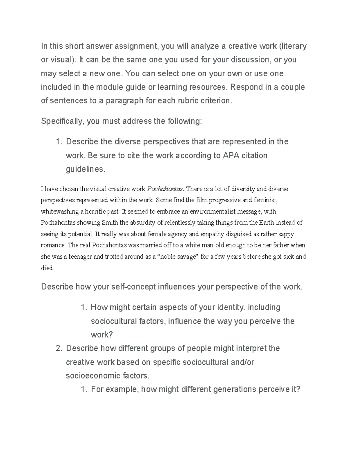 ENG 101 Short Answer Analysis on Diverse Perspectives in Creative Work ...