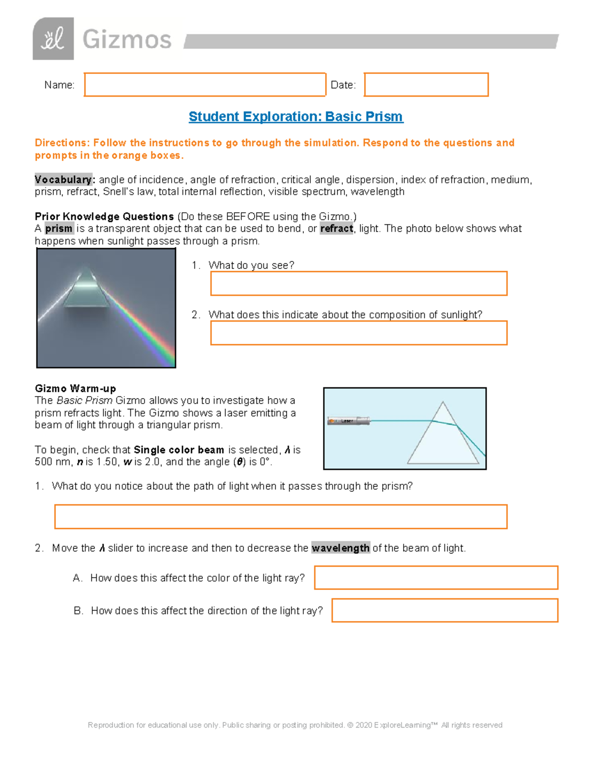 Basic Prism SE: Student Exploration on Light Refraction and Dispersion ...