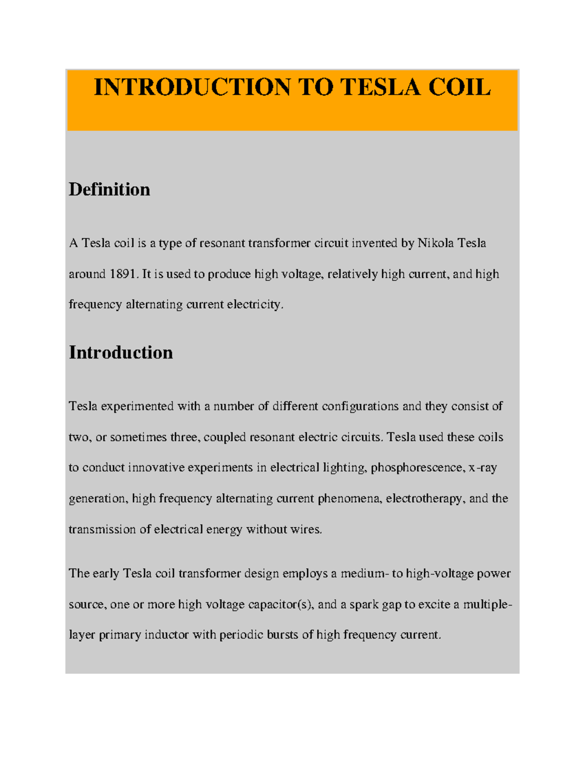 Introduction to Tesla Coil: History, Design, and Applications - Studocu