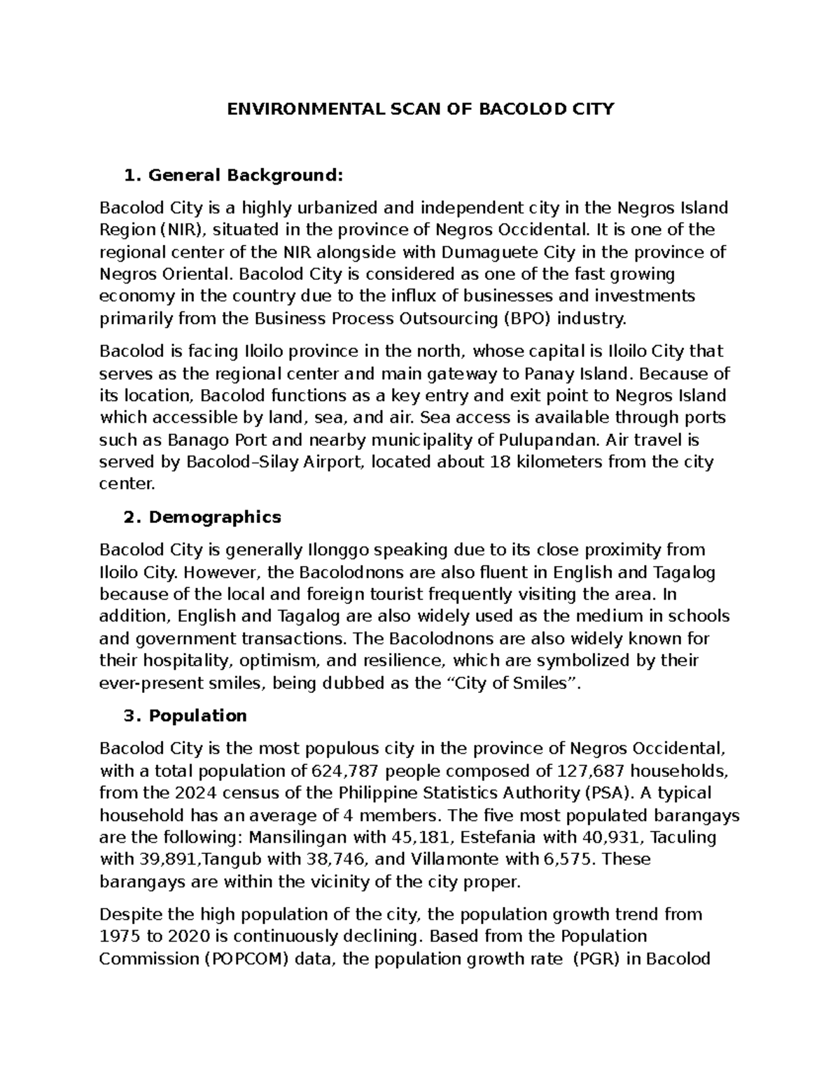Bacolod City Environmental Scan: Demographics & PESTEL Analysis - Studocu