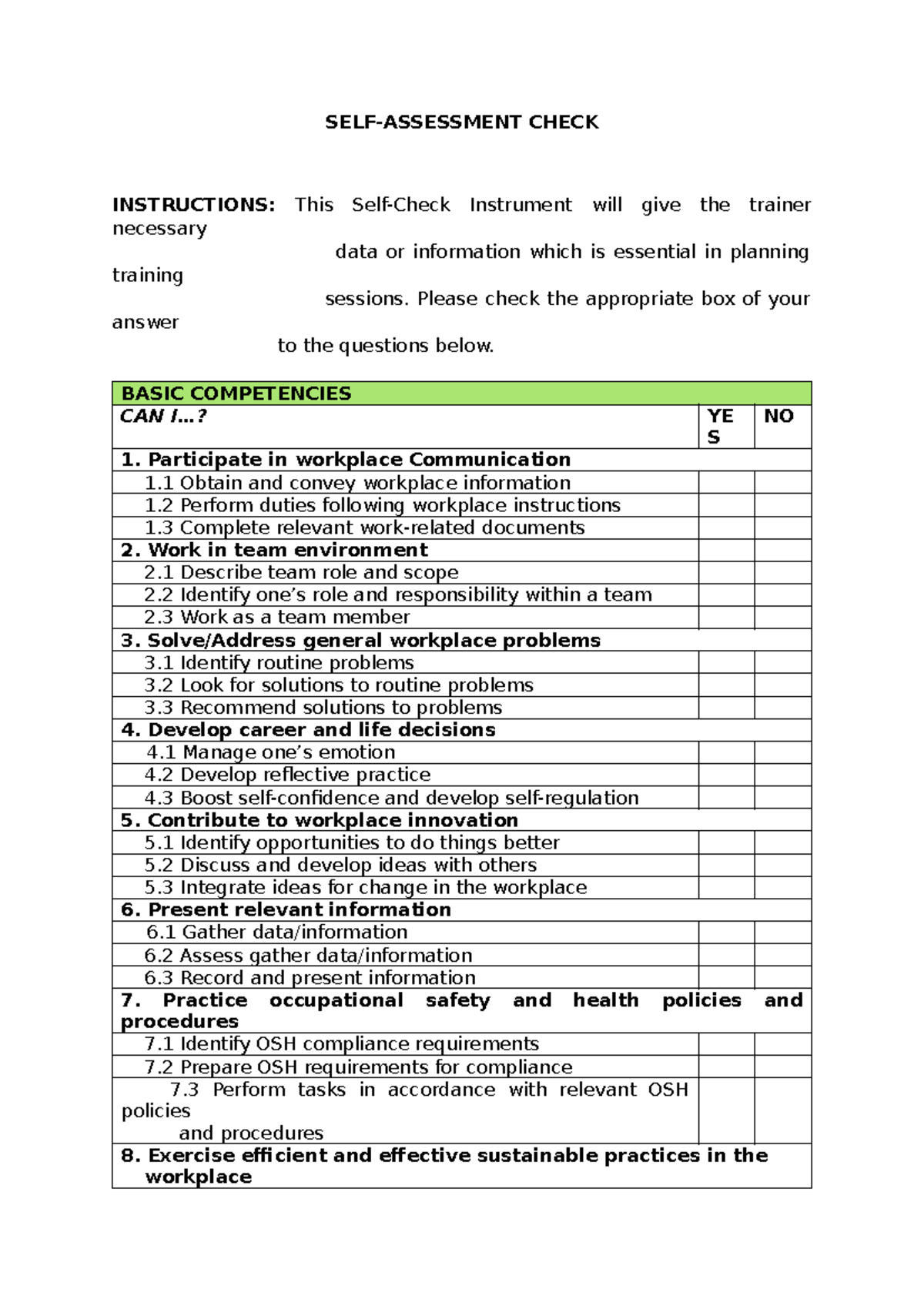 SELF- Assessment Check for Trainers Methodology Level 1 - SELF ...