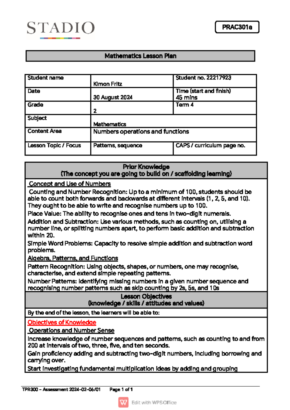 PRAC301a: Grade 2 Mathematics Lesson Plan on Patterns & Sequences - Studocu